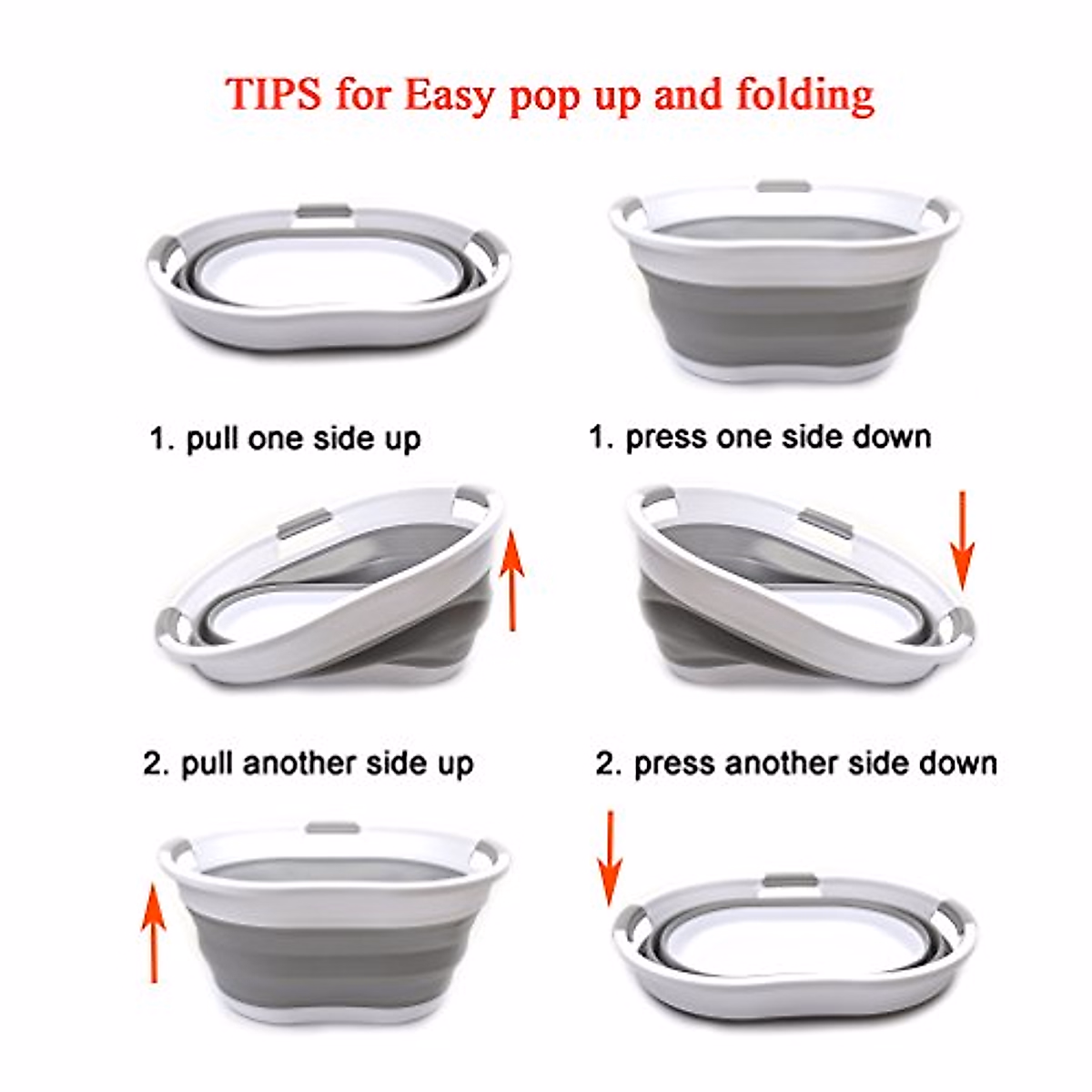 SAMMART 36L (9.5 Gallon) Collapsible 3 Handled Plastic Laundry Basket-Foldable Pop Up Storage Container-Portable Washing Tub-Space Saving Basket/Water Capacity 27L/7.1 Gallon (1, Grey)