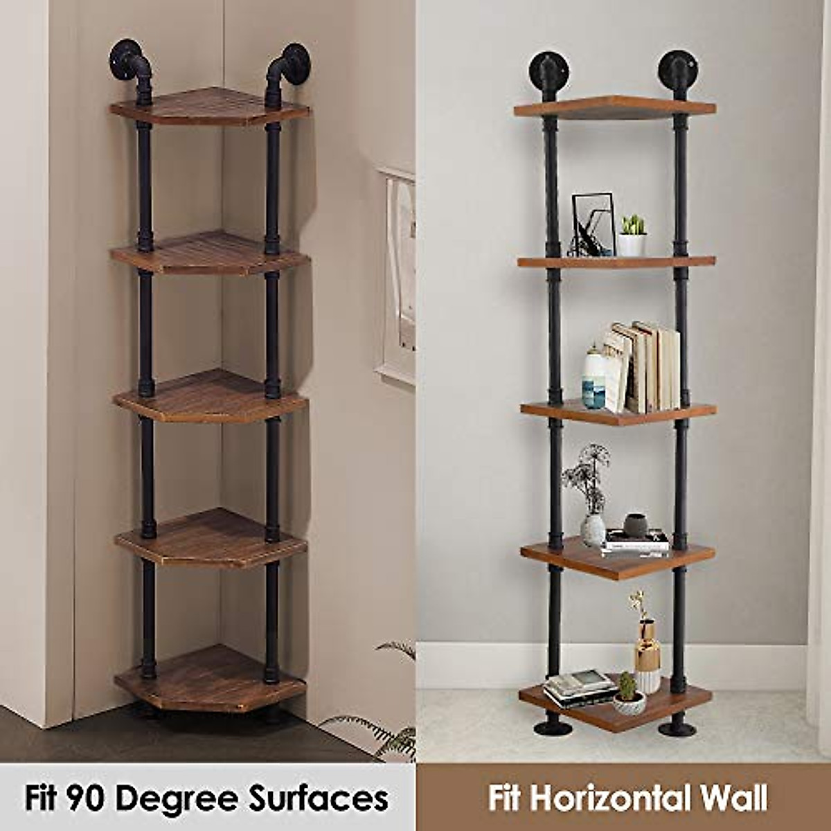 ivinta Industrial Bookcase Corner Shelf, 5 Shelf Wall Mount Pipe Bookshelf Solid Wood Shelves, Corner Standing Bookcase, Metal Display Stand