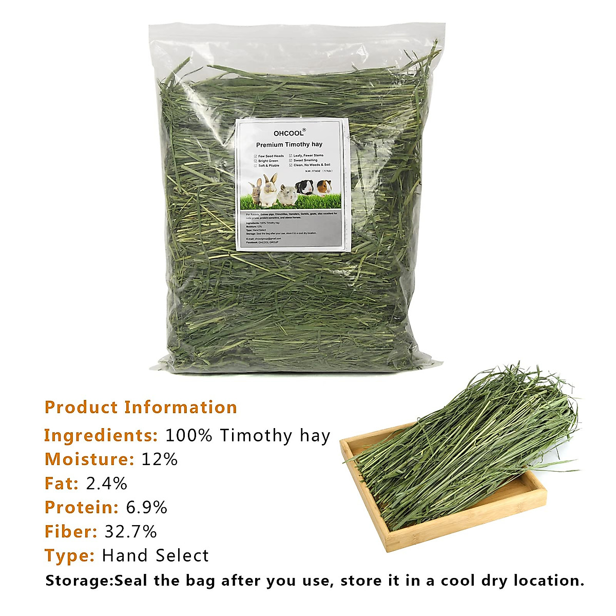 Ohcool Timothy Hay 2.2LBS - Premium Hay for Rabbits Tortoise Guinea Pig Chinchilla - Dust Free Natural Fresh Hay (1.1 lbs, 2 Pack)