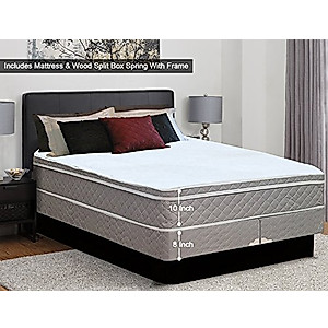 Mattress Solution 10-Inch Medium Plush Eurotop Pillowtop Innerspring Mattress and 8" Split Wood Boxspring/Foundation Set, with Frame, 75" X 48", 1
