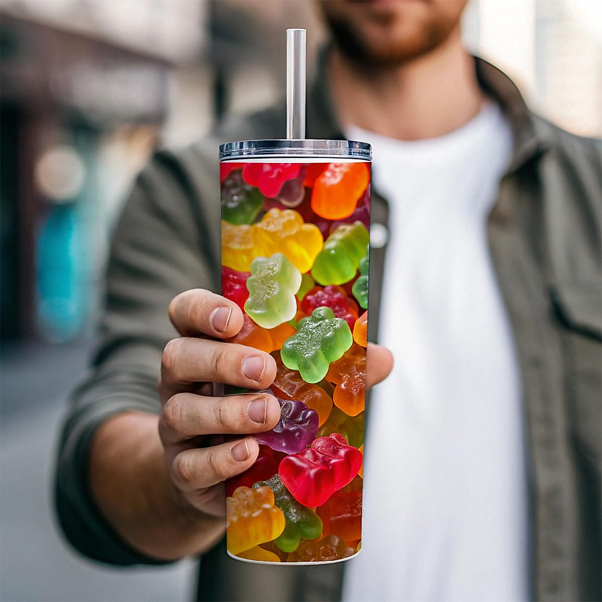 Lots of Gummi Bears Skinny Tumbler 20oz with Straw Insulated Water Bottle Gift