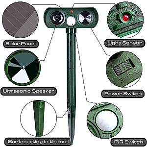 Solar Animal Repeller, Ultrasonic Animal Repellent Defender Cat, Dog, Squirrel, Deer, Fox, Outdoor Animal Deterrent with Motion Sensor and Led Light Alarm, Protect Yards, Lawn Gardens