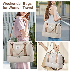 Weekender Bags for Women, Travel Duffel Bags with Shoe Compartment,Personal Item Travel Bag for Airlines, Carry on Overnight Tote Bag for women with Toiletry Bag，Beige&Brown