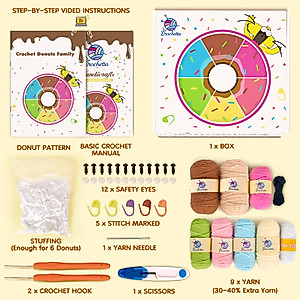 Crochet Kit for Beginners, Beginner Crochet Starter Kit w Step-by-Step Video Tutorials, Learn to Crochet Kits for Adults & Kids, DIY Knitting Supplies, 6-Pack Donut Family(40%+ Yarn Content)