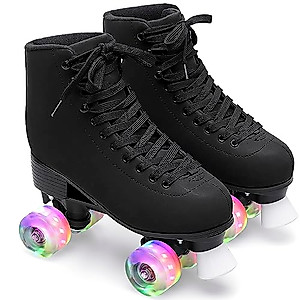 FEETCITY Womens Roller Skates High-Top Double-Row Leather Roller Skates for Girls Boys for Indoor Outdoor Size 8 Black