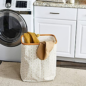 Household Essentials Bamboo Rimmed Rectangle Krush Hamper with Cutout Handles, Tan Chevron