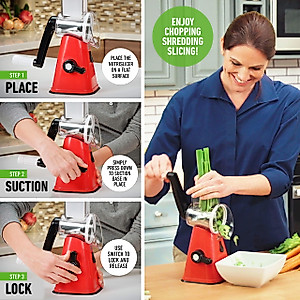 Rotary Cheese Grater with Handle, Cheese Grater Hand Crank, Fast Cutting Grater for Kitchen with 3 Interchangeable Blades, Vegetable Slicer, Cheese Shredder with Suction Cup Base, Dishwasher Safe