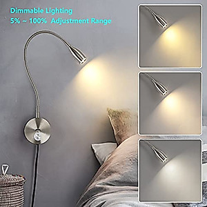 CRISETEK Touch Switch Dimmable Reading Light Reading Light Wall Mounted Reading Light headboard Reading Light Task Directional LED Gooseneck Light 120V Plug in Powered 3W (Brushed Nickel, Warm White)