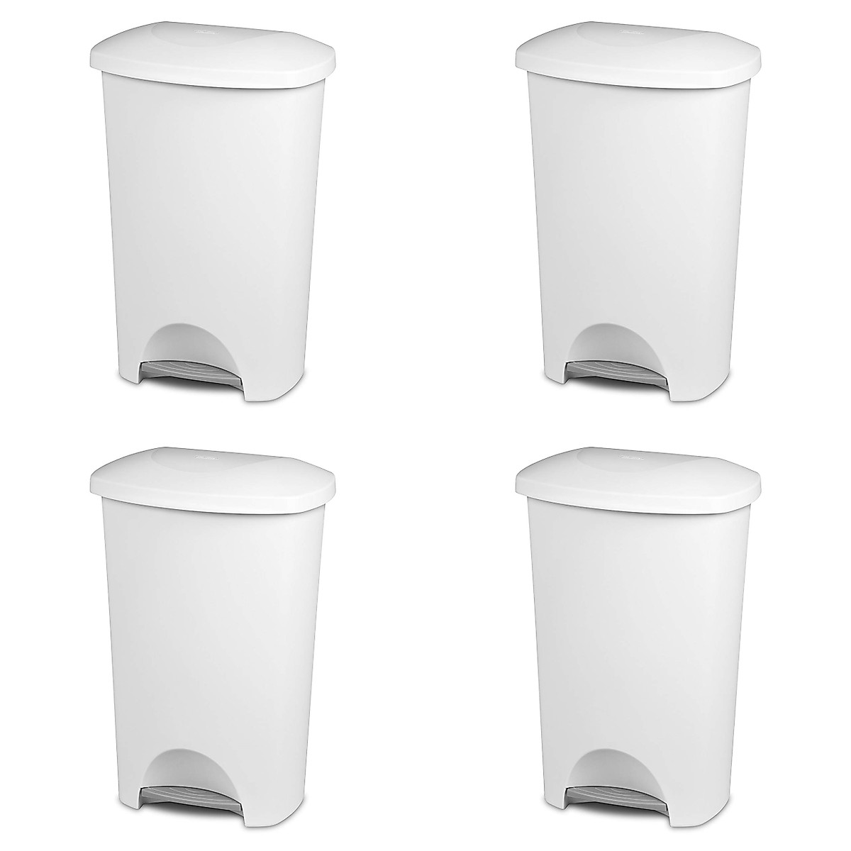 Sterilite 10968004 11 Gallon/42 Liter StepOn Wastebasket, White Lid & Base w/ Titanium Pedal, 4-Pack