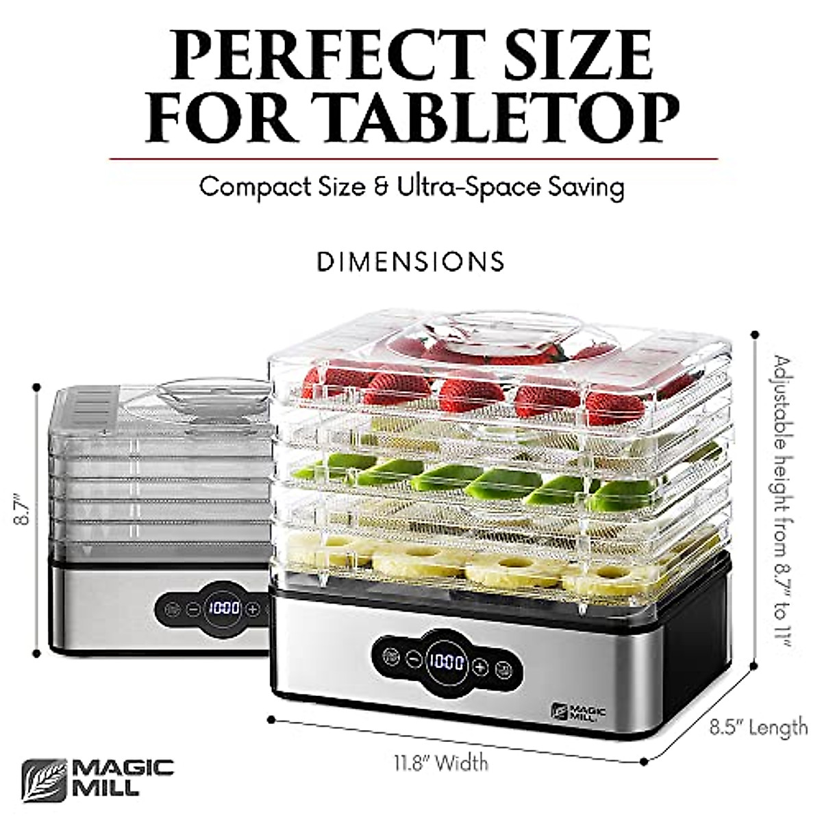 Magic Mill Food Dehydrator Machine | 5 Stackable Stainless Steel Trays Jerky Dryer with Digital Adjustable Timer and Temperature Control - Electric Food Preserver Machine with Powerful Drying Capacity for Fruits, Veggies, Meats & Dog Treats (5 Stainless S