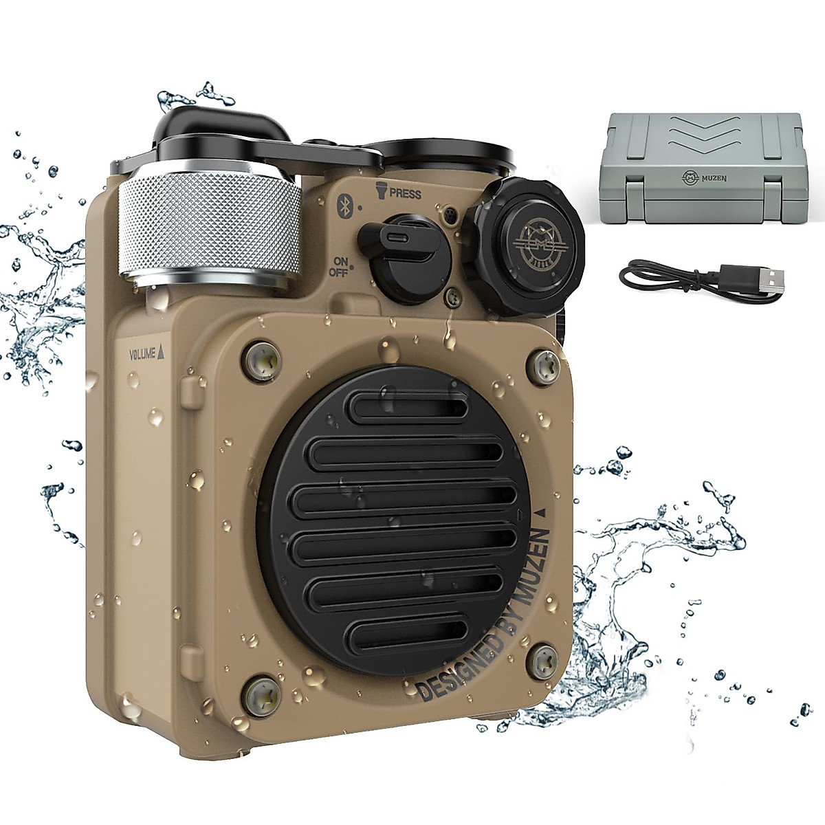 Muzen Portable Bluetooth Speaker, Wild Mini Rugged Travel Outdoor Speaker, Wireless Waterproof IPX5 with Flashlight, Stereo Sound, Metal Wild Look, for Adventure, Camping, Hiking