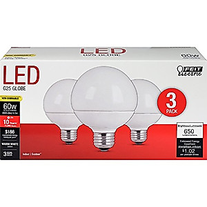 Feit Electric LED G25 Globe with a Medium E26 Base Light Bulb - 60W Equivalent - 10 Year Life - 650 Lumen - 3000K Warm White - Non-Dimmable | 3-Pack
