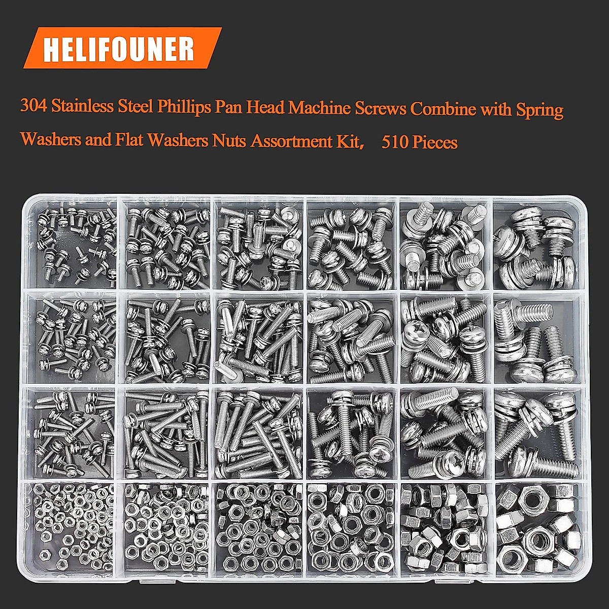 HELIFOUNER 510 Pieces Phillips Pan Head Machine Screws Nuts Washers Assortment Kit, Stainless Steel 304, Full Thread (M2 M2.5 M3 M4 M5 M6)