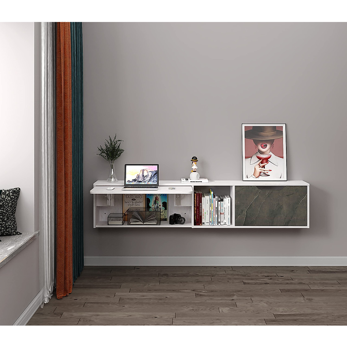 Pmnianhua Floating Wall Desk with Storage Shelves, 70'' Large Wall Mounted Desk Laptop Computer Writing Study Table for Bedroom Small Space (Grayish White-Left)