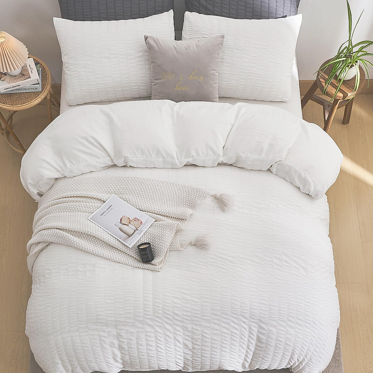 DuShow Queen Duvet Cover White,3 Pieces Seersucker Duvet Cover Set,Soft Breathable Textured Bedding Set,White Queen Comforter Cover Set for All Season
