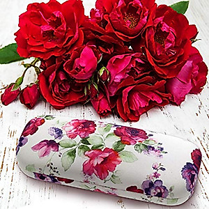Rachel Rowberry Floral Hard eyeglass case | Glasses Case Hard Shell with Microfiber Drawstring Pouch and Cleaning Cloth | Protective Small sunglasses case for women (AS126 Cranberry Rose)