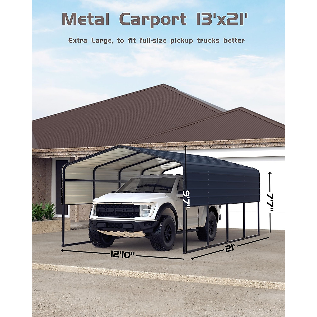 GAOMON 13' x 21' x 10' Metal Carport, with Heavy Duty Galvanized Steel Roof and Reinforced All-Metal Frame, Permanent Shelter for Agricultural Machinery, Carport for Cars, Boats, Trucks, and Tractors