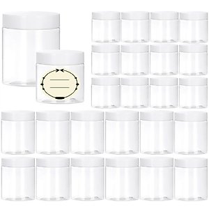 TUZAZO 24 Pack Empty Plastic Slime Containers with Lids and Labels - 12pcs 8 OZ and 12pcs 4 OZ Small Plastic Jars for Lotion, Cream, Ointments, Makeup, Glitters, Samples, Travel Storage