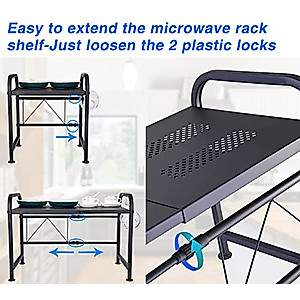 Expandable Microwave Shelf Rack Unit Kitchen Storage Stand Countertop Organizer w/ 4 Hooks 2-Tier Steel (L16.1"~26"x Depth13.58"x Height Clearance 14") for Toaster, Max Load 83lbs, Matte Black