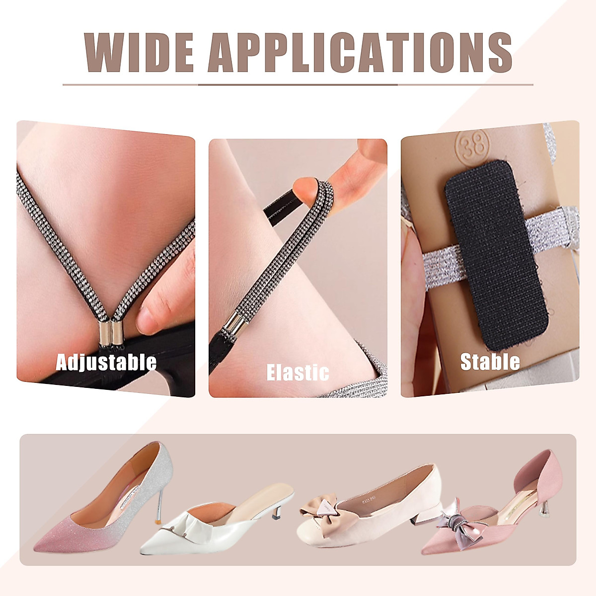 Wabular Elastic High Heels Shoe Straps, Rhinestone Elastic High Heel Anti-Loose Straps, Shoe Straps for Heels Detachable Shoe Straps