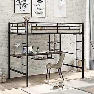 GLORHOME Full Size Metal High Loft Bed with Under-Bed Long Desk & Storage Shelves Ladder Safety Guard Rails, Space Saving Bedroom Furniture for Kids Teens Adults, Black