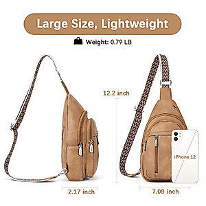 BOSTANTEN Sling Bag Cross Body Bag Trendy Leather Crossbody Purse Chest Bag with Adjustable Guitar Strap for Travel, Camel Brown