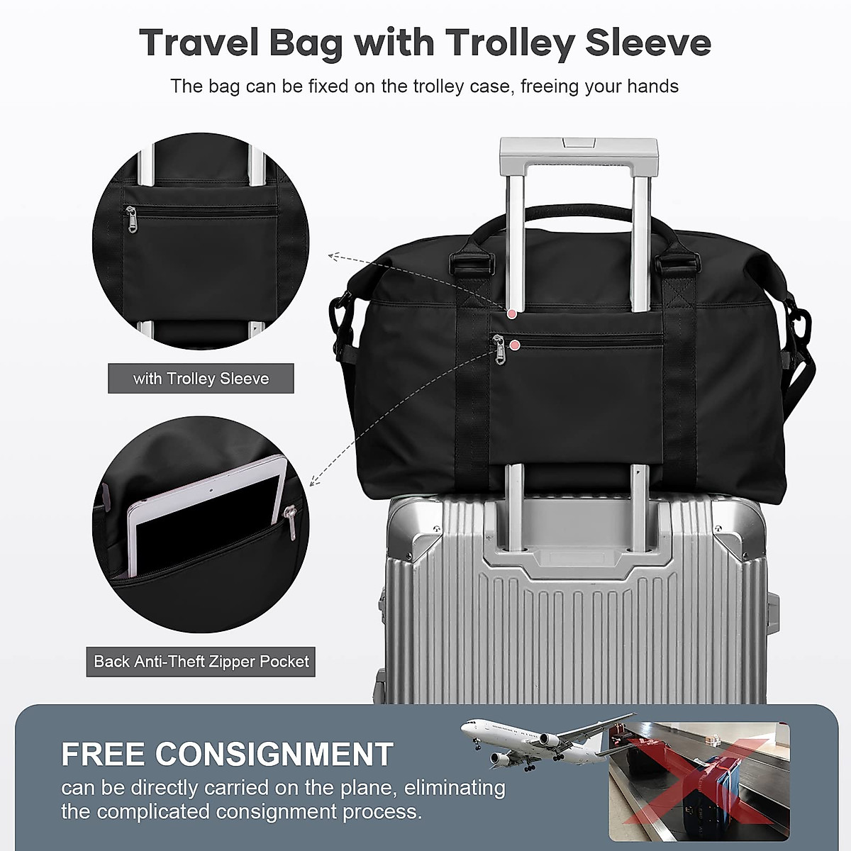 Carry on Bag for Women,Travel Duffel Bag,Large Sports Tote Gym Bag,Waterproof Weekender Overnight Bags for Women with Trolley Sleeve,Travel Bag Ladies Beach Bag, Black