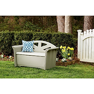 Rubbermaid Resin Weather Resistant Deck Box Bench, 4' L x 2'1" W x 3' H, Olive/Sandstone, Storage for Garden/Pool Accessories/Cushions, Indoor/Outdoor Home Organization Bin