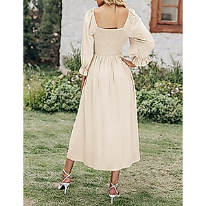 ZESICA Women's Casual Square Neck 3/4 Puff Sleeve Solid Color Smocked High Waist Flowy Midi Dress,Beige,Small