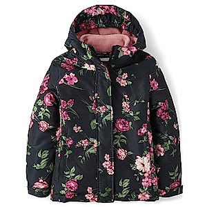 The Children's Place,Heavy 3 in 1 Winter Jacket, Wind-Resistant Water-Resistant Shell, Fleece Inner,Kelly Floral_Black | LOTUS FLOWER,Large (10/12)