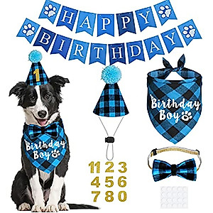 JOTFA Dog Birthday Party Supplies, Plaid Dog Birthday Boy Bandanas with Dog Birthday Party Number Hat Bow Tie Bannner for Small Medium Large Dogs Pets (Light Blue)