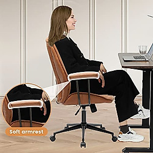 Brown Office Chair Leather Desk Chair with Removable Armrest, Modern Home Office Chair Mid Century, Mid Back Computer Chair with Wheels, Capacity 400lbs