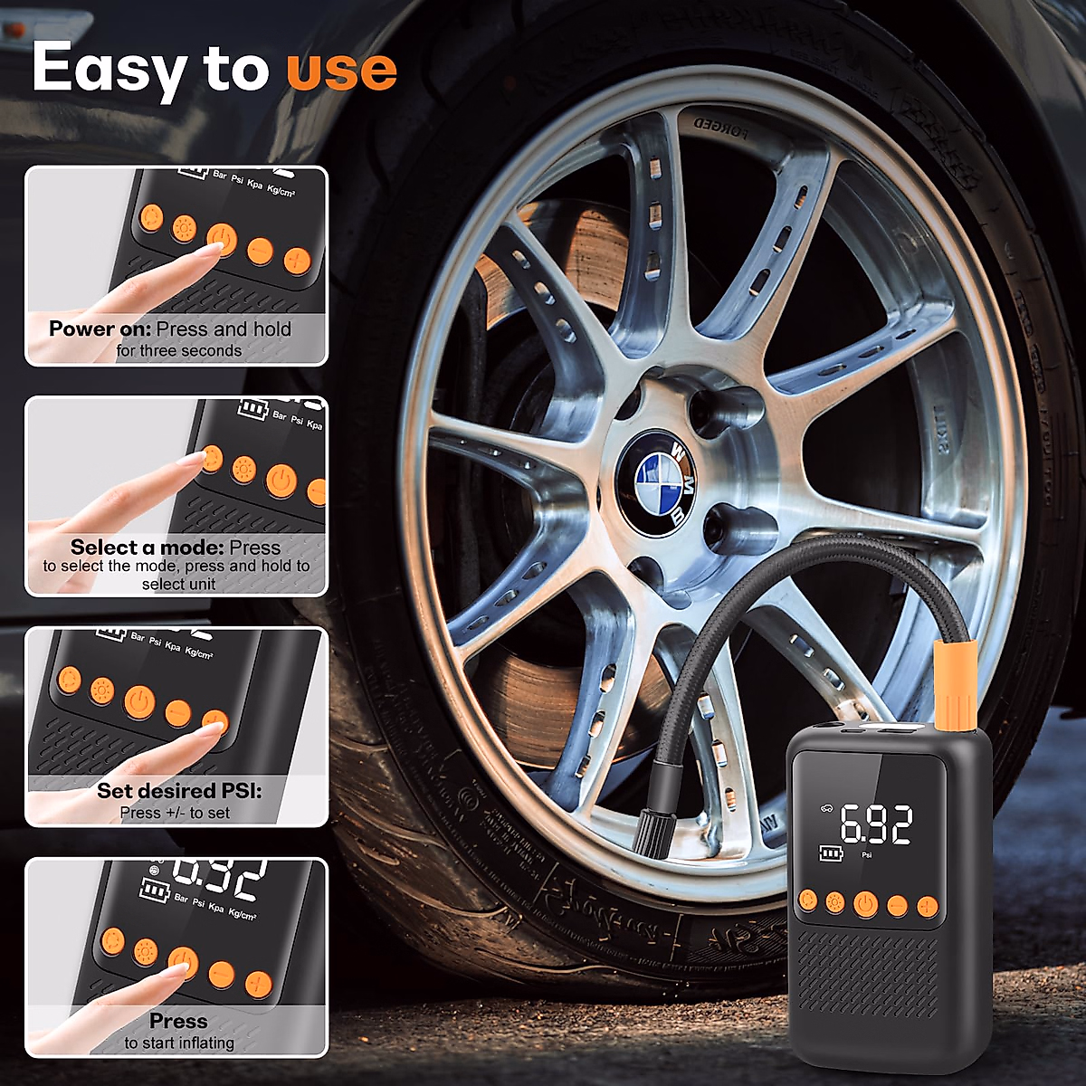 Electric Tire Inflator Portable Air Compressor - Cordless Air Pump for Car Tires Bike Tires - Bicycle Pump with Air Pressure Gauge