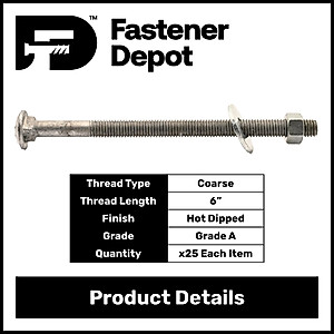 FASTENER DEPOT 1/2inches-13 x 12inches Hot Dipped Galvanized Carriage Bolt w/Nuts & Flat Washers, Quantity 25 - by Fastener Depot, LLC
