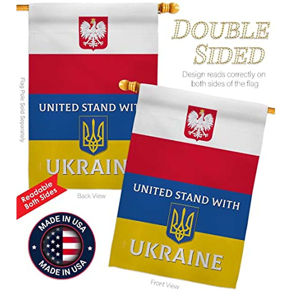 Ukraine Flag Poland Stand with Ukraine House Flag Dowel Set Support Cause Ukrainian Decoration Banner Small Garden Yard Gift Double-Sided, Made in USA