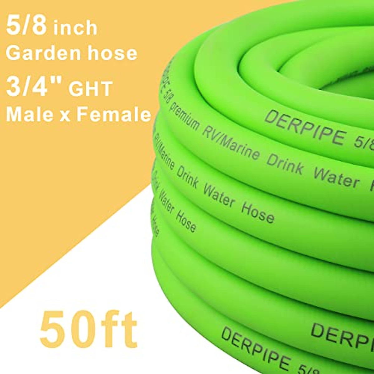 DERPIPE Heavy Duty Garden Hose - 5/8" x 50 ft, Flexible and Kink Resistant RV Safe Drinking Water Hose, with 3/4" GHT Solid Aluminum Connector