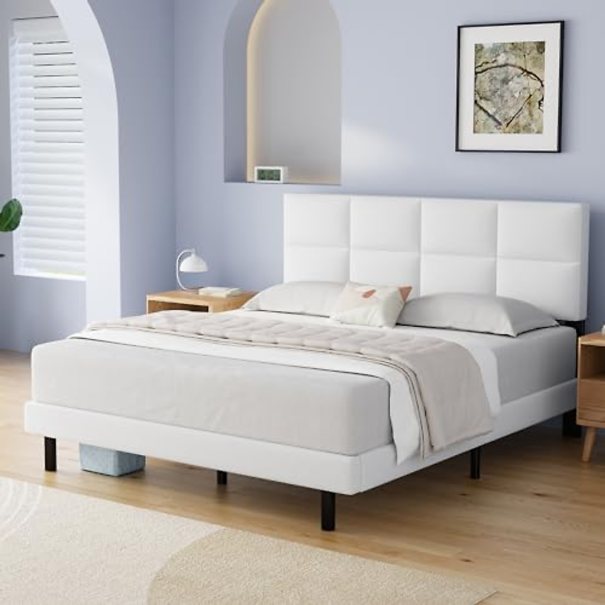 Molblly Full Size Bed Frame with Upholstered Headboard, Strong Frame, and Wooden Slats Support, Non-Slip and Noise-Free, No Box Spring Needed, Easy Assembly, Off White