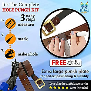 Leather Hole Punch & Belt Hole Puncher Easily Punches Perfect Round Holes. Bonus Ruler & Awl Tool. Leather Punch Tool for Watch or Bag Strap, Fabric, Eyelet - Precision Crafting & Professional Results