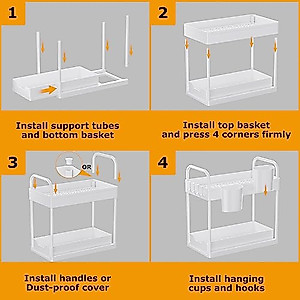 AIXPI 2-Tier Sliding Under Cabinet Storage with Hooks, Hanging Cup, Handles, Multi-Purpose Under Sink Organizer for Bathroom Kitchen, White, 2Pack