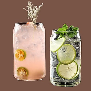 Can Shaped Drinking Glass With Bamboo Lids and Straw, 16 Oz, 4 pcs Set, Beer Can Shaped Glass Cups,Reusable Glass for Water, Wine, Juice, for Cocktail, Soda, Tea, Whiskey