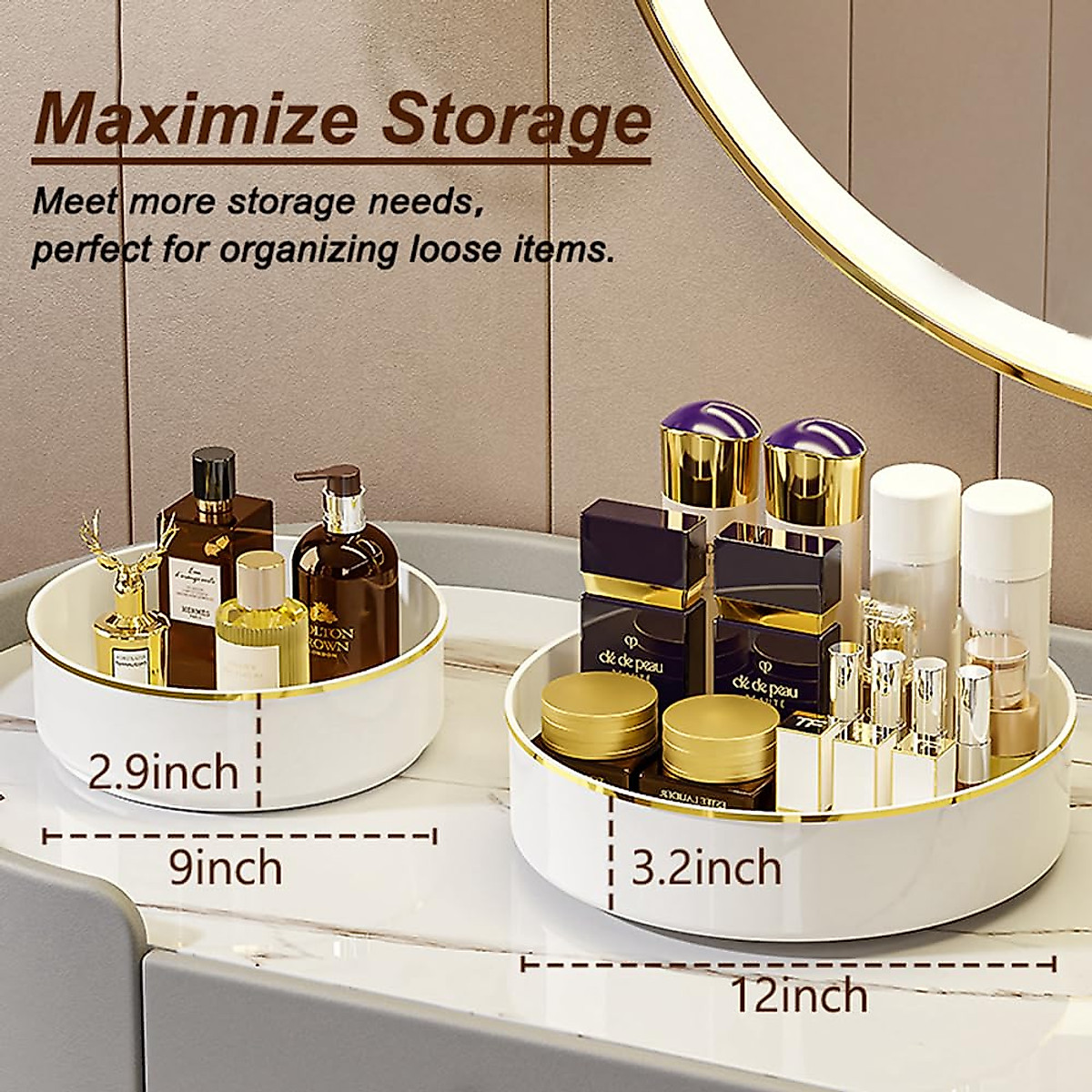 Lazy Susan Turntable Organizer for Cabinet- Spice Rack, Makeup Perfume Organizer Plastic Non-Slip Rotating Containers for Kitchen, Office, Bathroom-9"+12" Lazy Susan Organizers (White-2Pack)