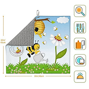 Funny Cute Bees Printed Drying Mat For Kitchen Ultra Absorbent Microfiber Dishes Drainer Mats Non-Slip Silicone Quick Dry Pad - 18 X 16inch