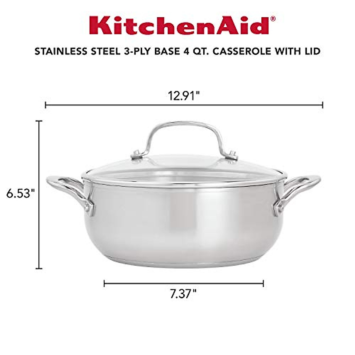 KitchenAid 3-Ply Base Brushed Stainless Steel Casserole Dish/Pan with Lid, 4 Quart