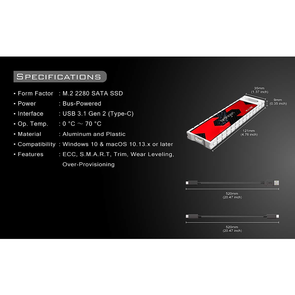 Archgon 480GB USB 3.1 Gen.2 Gaming External SSD Portable M.2 Solid State Drive (Model G702K,480GB)