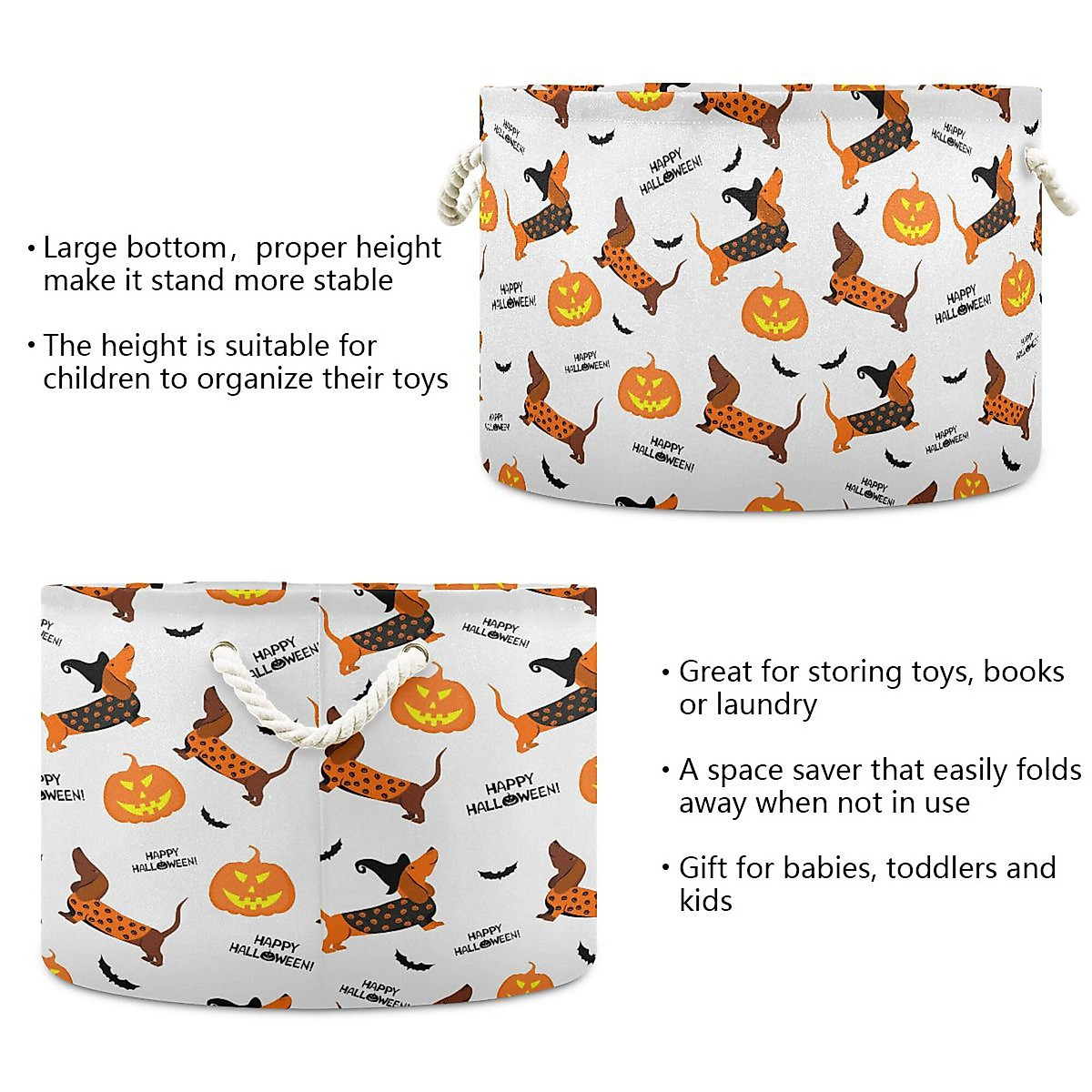 FJDENG Halloween Dachshund Cotton Rope Basket,Canvas Laundry Basket Foldable Toy Storage Basket for Bedroom,Closet Bathroom,Living room,Car Trunk