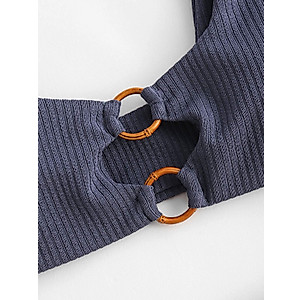 ZAFUL Women's Ribbed Solid O-Ring String Bikini Tie Side Swimsuit Two Pieces Bathing Suit Small