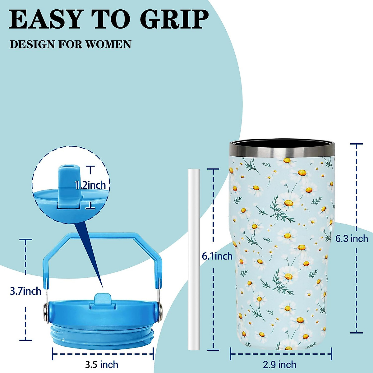 Floral Tumbler, Daisy Gifts for Women, Daisy Coffee Travel Mug, Cute Skinny Tumbler with Flip Straw and Top Handle, Daisy Flowers Items, Unique Birthday Gifts 20oz