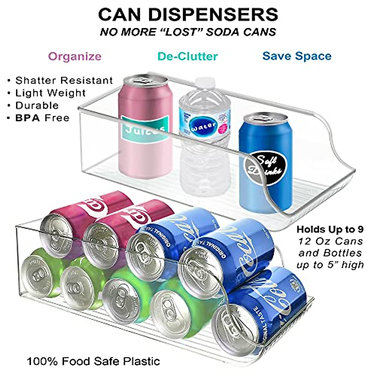 Soda Can Organizer for Refrigerator - Clear Storage Bins for Kitchen, Freezer, Countertops, and Cabinets - Shatter-Proof Plastic Can Dispenser - Beverage Rack Holds Up To 9 Cans | Set of 2