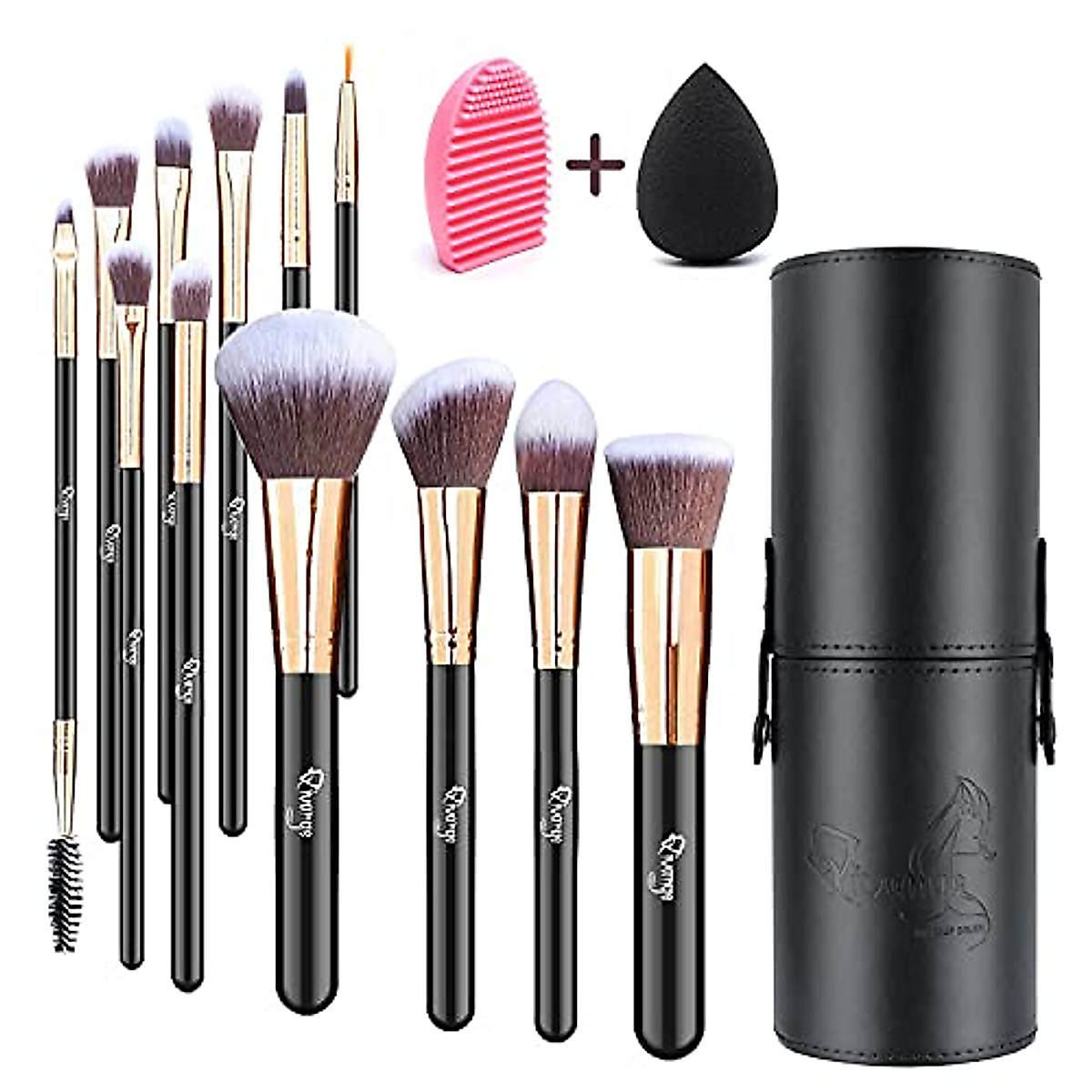 Qivange Makeup Brushes, Professional Foundation Eyeshadow Blending Brushes Set with Brush Holder+ Sponge & Brush Cleaner(Black with Rose Gold, 12pcs)