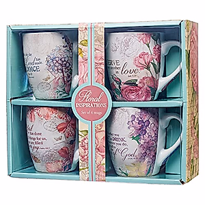 Christian Art Gifts Ceramic Coffee/Tea Mug Set for Women | Vintage Botanic Floral Inspirations Design Bible Verse Mug Set | Boxed Set/4 Coffee Cups